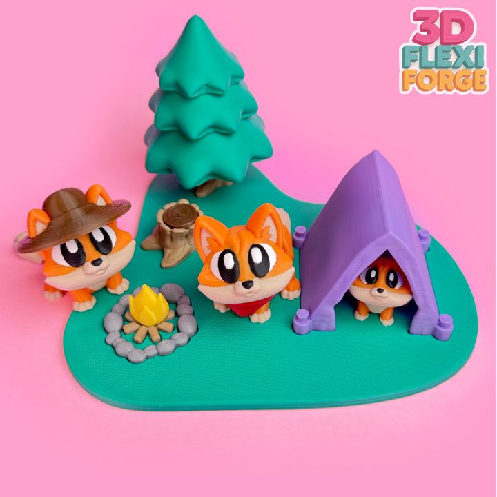 3D Printable 🦊Flexi Fox Family + Camping Diorama Set🌲 by 3D FLEXI FORGE